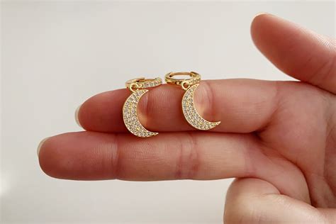 Gold Cubic Zirconia Crescent Moon Hoop Earrings Etsy
