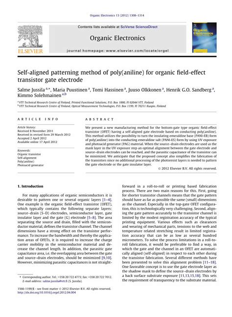 Pdf Self Aligned Patterning Method Of Polyaniline For Organic Field