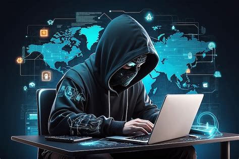 Premium Ai Image Hacker Cyber Criminal With Laptop And Related Icons