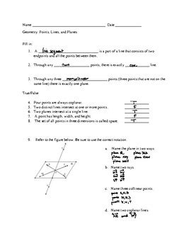 Points Lines And Planes Worksheet With Answer Key TPT