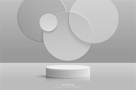 추상 회색 3d 실린더 연단 받침대 또는 제품 디스플레이 스탠드 원형 유리 오버랩 및 공중에 떠 있습니다 쇼 코스메틱을 위한 최소한의 장면 3d 벡터 기하학적 플랫폼 디자인