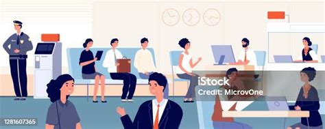 은행 사무실 고객 은행 인테리어 젊은 사업가와 이야기 여성 직원 재무 상담 벡터 일러스트레이션에 대한 큐 비즈니스에 대한 스톡