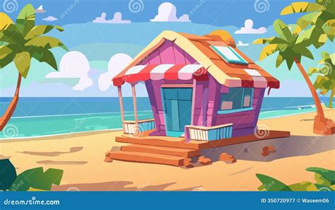 House On The Beach Vector Illustration In Cartoon Style Stock