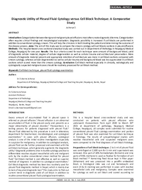 Pdf Diagnostic Utility Of Pleural Fluid Cytology Versus Cell Block