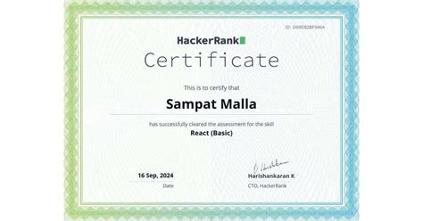 Earned Hacker Rank React Basic Sampat Kumar Malla Posted On The Topic Linkedin
