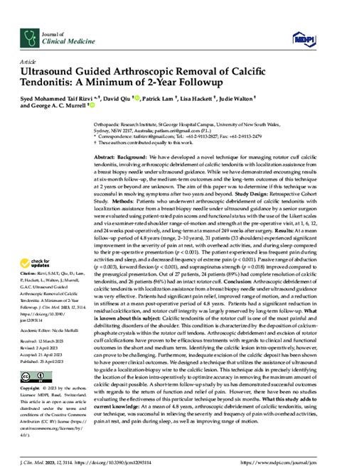 Pdf Ultrasound Guided Arthroscopic Removal Of Calcific Tendonitis A Minimum Of 2 Year Followup