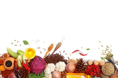향신료와 허브 요리 배경과 디자인 스페인 놈과 흰색 배경 향신료 콘텐츠 허브 향신료 배경 평면도 대 한 복사 공간 흰색 바탕에 인도 향신료의 그룹 가루로 빻은에 대한 스톡