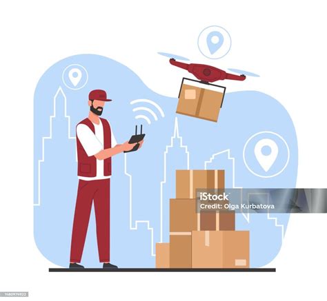 남자는 원격 제어로 드론 배달을 제어합니다 고객에게 패키지를 운반하는 쿼드 콥터 현대 기술 기술 선적 혁신 만화 플랫 고립 된 그림입니다 벡터 개념 Multicopter에