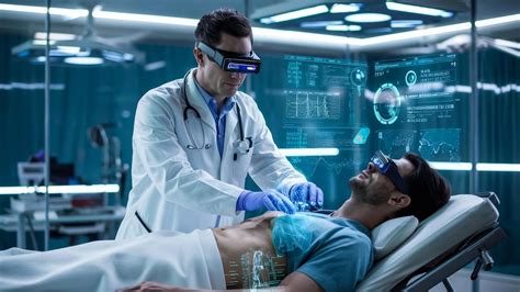A male doctor wearing augmented reality glasses examining a male patient | Premium AI-generated ...