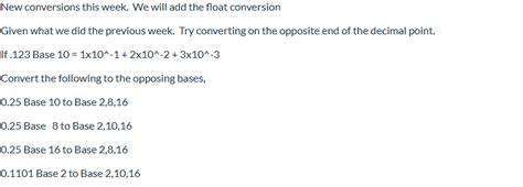 Solved New Conversions This Week We Will Add The Float Chegg Com