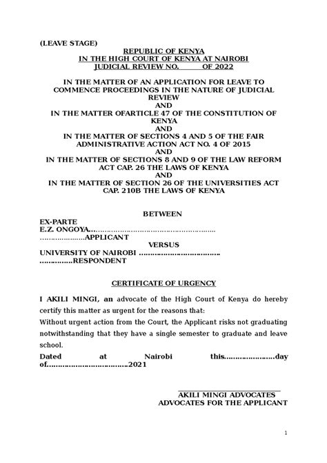 Jr Assignment Lecture Notes For Reference Leave Stage Republic Of Kenya In The High Court