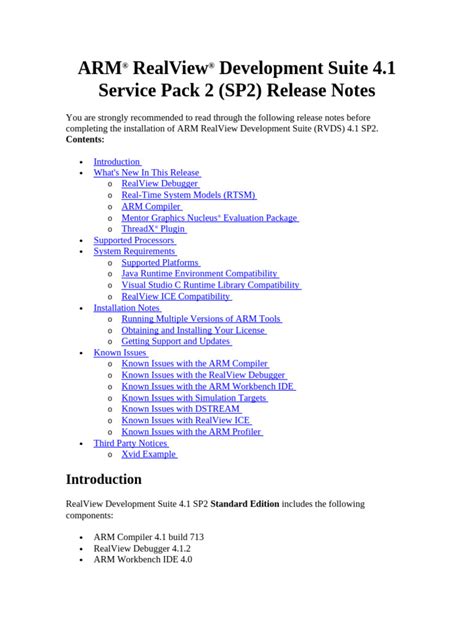 Arm Realview Development Suite 41 Service Pack 2 Sp2 Release Notes Pdf