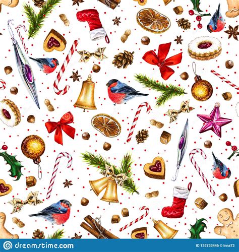 Festive Seamless Pattern With Winter Holiday Attributes On White Background With Red Dots Stock