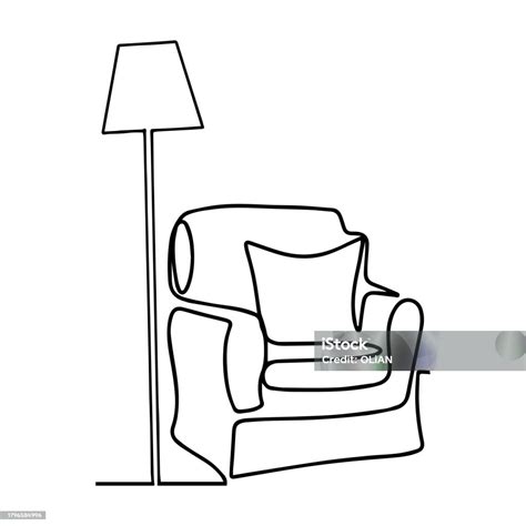 안락의자와 램프의 연속 라인 드로잉 현대적인 가구와 인테리어 거실의 한 줄 단일 라인 가구 요소 실내 가구의 핸드 드로우 윤곽