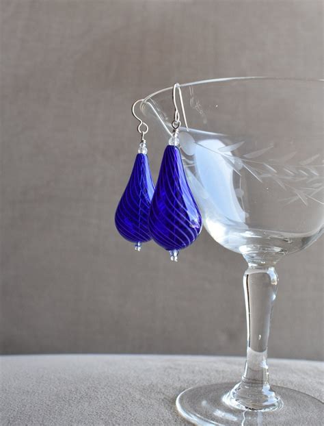 Blue Blown Glass Earrings Hand Blown Teardrop Dark Blue Glass Earrings