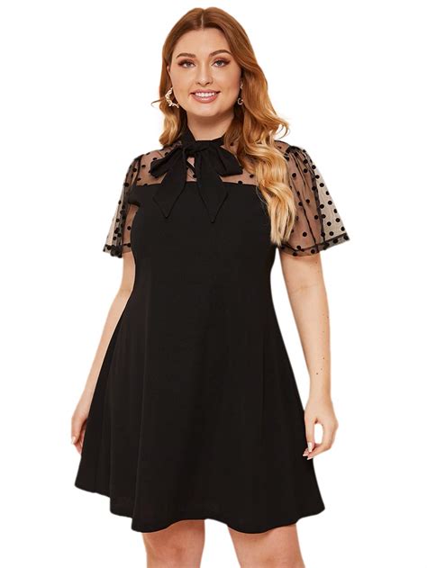 Romwe Plus Size Contrast Mesh Short Sleeve Bow Tie Neck