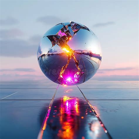 Shattered Chrome Orb Floating Above Reflective Surface With Vibrant Illumination Stock