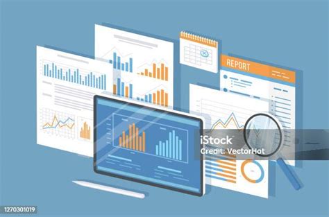 모바일 감사 데이터 분석 통계 연구 화면에 정보가있는 태블릿 문서 보고서 달력 돋보기 등분 측정 3d 벡터 그림입니다 Brand Name Online Messaging
