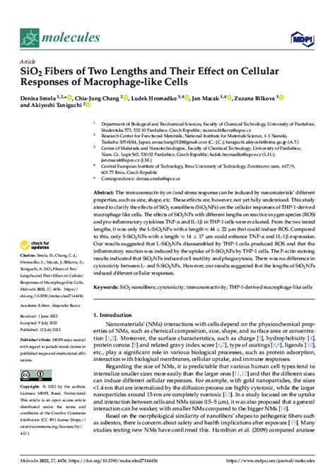 Pdf Sio2 Fibers Of Two Lengths And Their Effect On Cellular Responses Of Macrophage Like Cells
