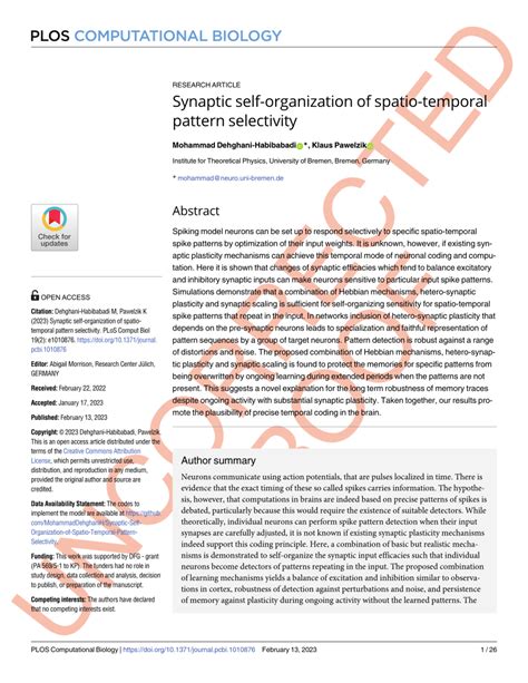 Pdf Synaptic Self Organization Of Spatio Temporal Pattern Selectivity