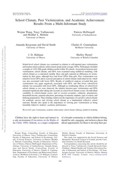 Pdf School Climate Peer Victimization And Academic Achievement Results From A Multi