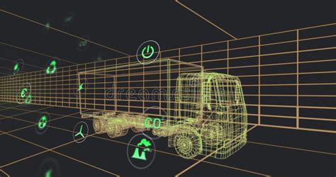 animation of multiple digital icons over 3d truck model moving in
