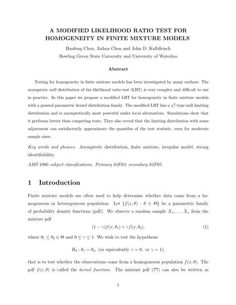 Pdf A Modified Likelihood Ratio Test For Homogeneity In Finite Mixture Models