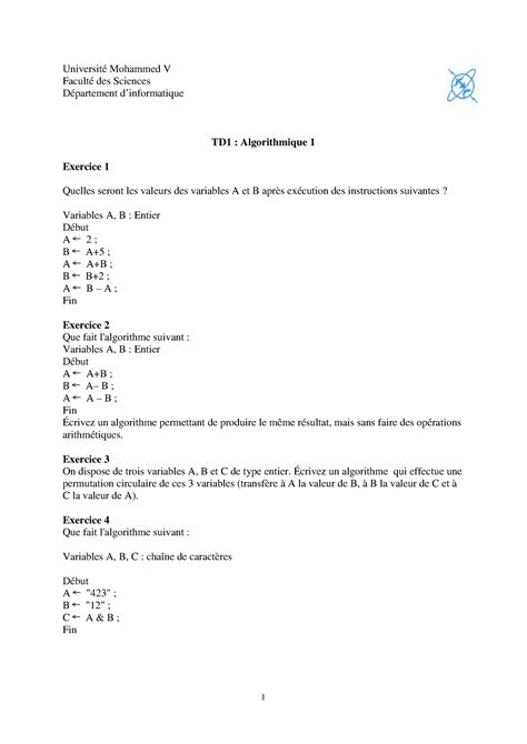TD1 td informatique 1 Université Mohammed V Faculté des Sciences Département dinformatique