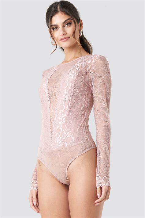 Long Sleeve Lace Bodysuit Pink Umber Na