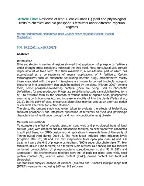 Pdf Response Of Lentil Lens Culinaris L Yield And Physiological