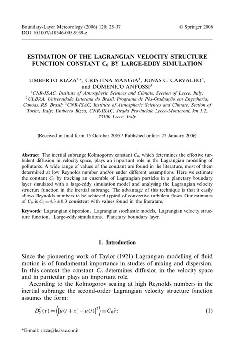 Pdf Estimation Of The Lagrangian Velocity Structure Function Constant C0 By Large Eddy Simulation