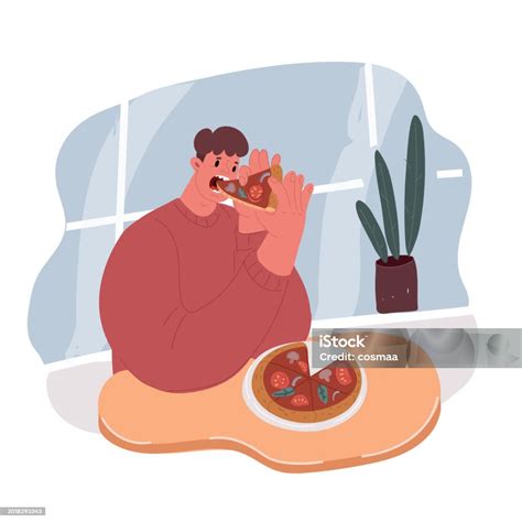 피자의 큰 조각을 먹고 상자에 피자를 들고 남자의 벡터 그림 건강한 식생활에 대한 스톡 벡터 아트 및 기타 이미지 건강한