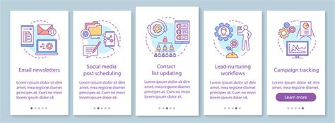 선형 개념으로 모바일 앱 페이지 화면을 온보딩하는 마케팅 자동화 소프트웨어 플랫폼은 그래픽 지침을 단계 단계로 안내합니다 Ux Ui 그림이 있는 Gui 벡터 템플릿 5에