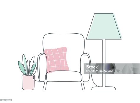 안락 의자 플로어 램프 식물의 단일 연속 선 그리기 거실 인테리어를 위한 현대적인 가구 의자에 색색의 베개 편집 가능한 스트로크 화분 한 줄 간단한 벡터 그림입니다 0명에