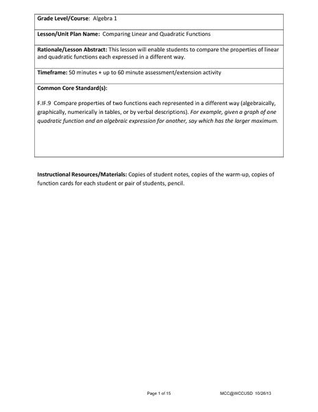 Comparing Linear And Quadratic Functions Lesson Plan For 8th 10th Grade Lesson Planet