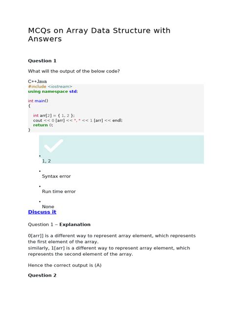 Mcqs On Array Data Structure With Answers Pdf Computer Programming Software Engineering