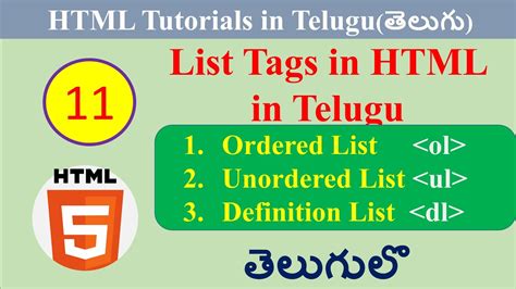 List In Html In Telugu Ordered List Unordered List And Definition List In Html List Tags