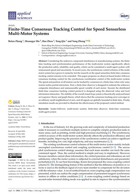 PDF Finite Time Consensus Tracking Control For Speed Sensorless Multi Motor Systems