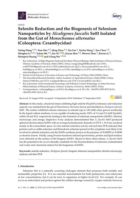 Pdf Selenite Reduction And The Biogenesis Of Selenium Nanoparticles By Alcaligenes Faecalis