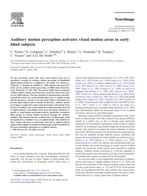 Pdf Auditory Motion Perception Activates Visual Motion Areas In Early Blind Subjects