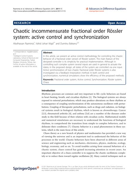 Pdf Chaotic Incommensurate Fractional Order Rössler System Active Control And Synchronization