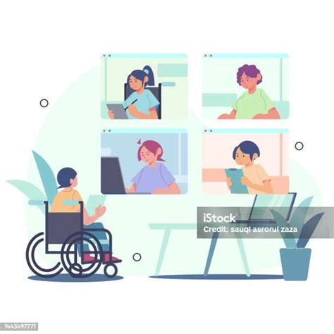 비즈니스 미팅을하는 사람들 다양한 인종 및 장애인과의 가상 회의 벡터 평면 일러스트평면 만화 벡터 일러스트 레이 션 개념에 대한 스톡 벡터 아트 및 기타 이미지 Istock