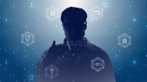 Cg The Silhouette Of A Male Scientist Against The Background Of Flying Digits Of A Binary Code