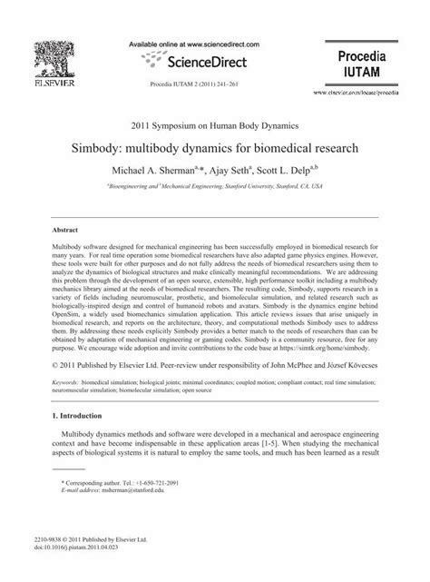 pdf simbody multibody dynamics for biomedical research · multibody