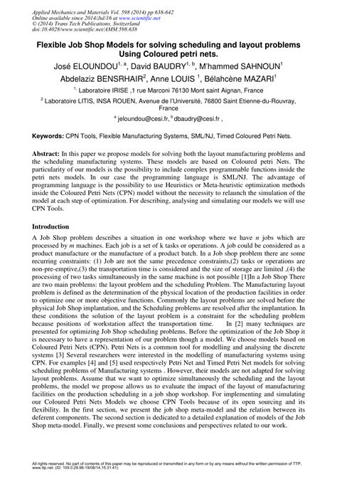 Pdf Flexible Job Shop Models For Solving Scheduling And Layout