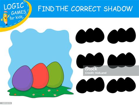부활절 달걀의 올바른 그림자를 찾습니다 화려한 배경에 고립 된 잔디에 귀여운 만화 계란 교육 매칭 게임 아이들을위한 논리 게임