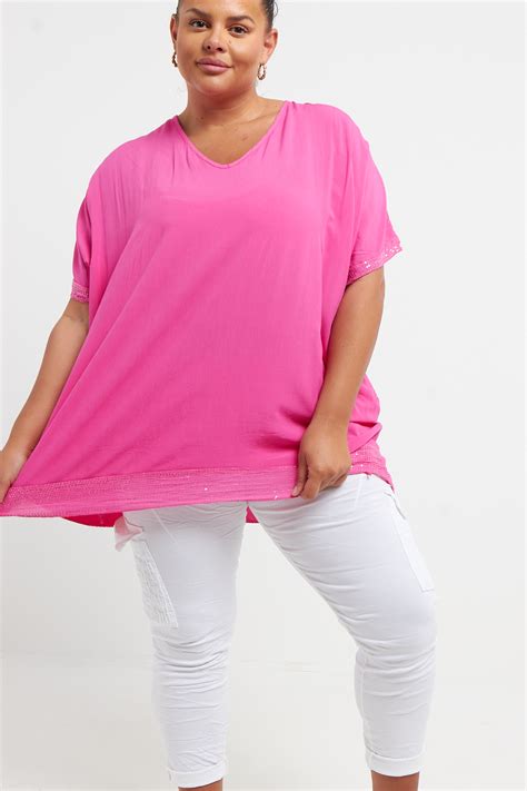 Plus Size Pink Sequin Trim Short Sleeve Top With Pockets Praslin Clothing