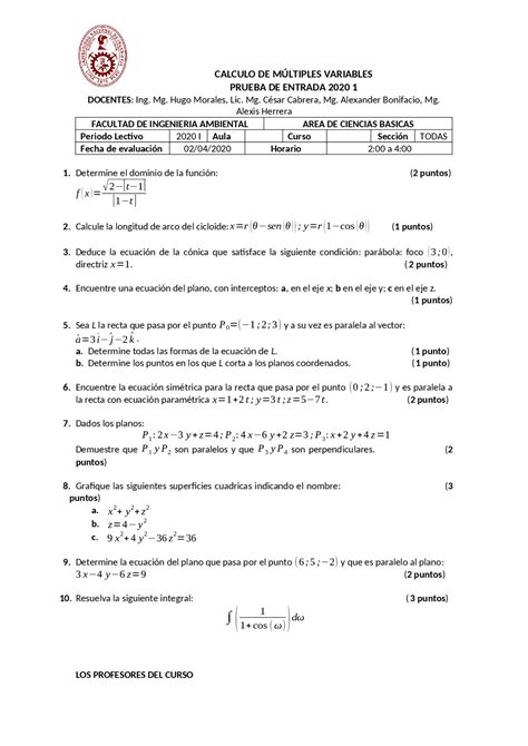 Pe 20201 Calculo De MÚltiples Variables Docsity