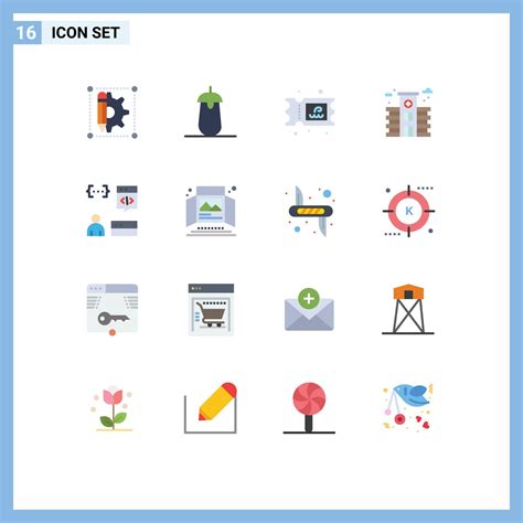 Set Of 16 Vector Flat Colors On Grid For Develop App Vegetables Hospital City Editable Pack Of