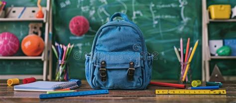 Blue Backpack On Wooden Floor Stock Image Image Of Durable Organized